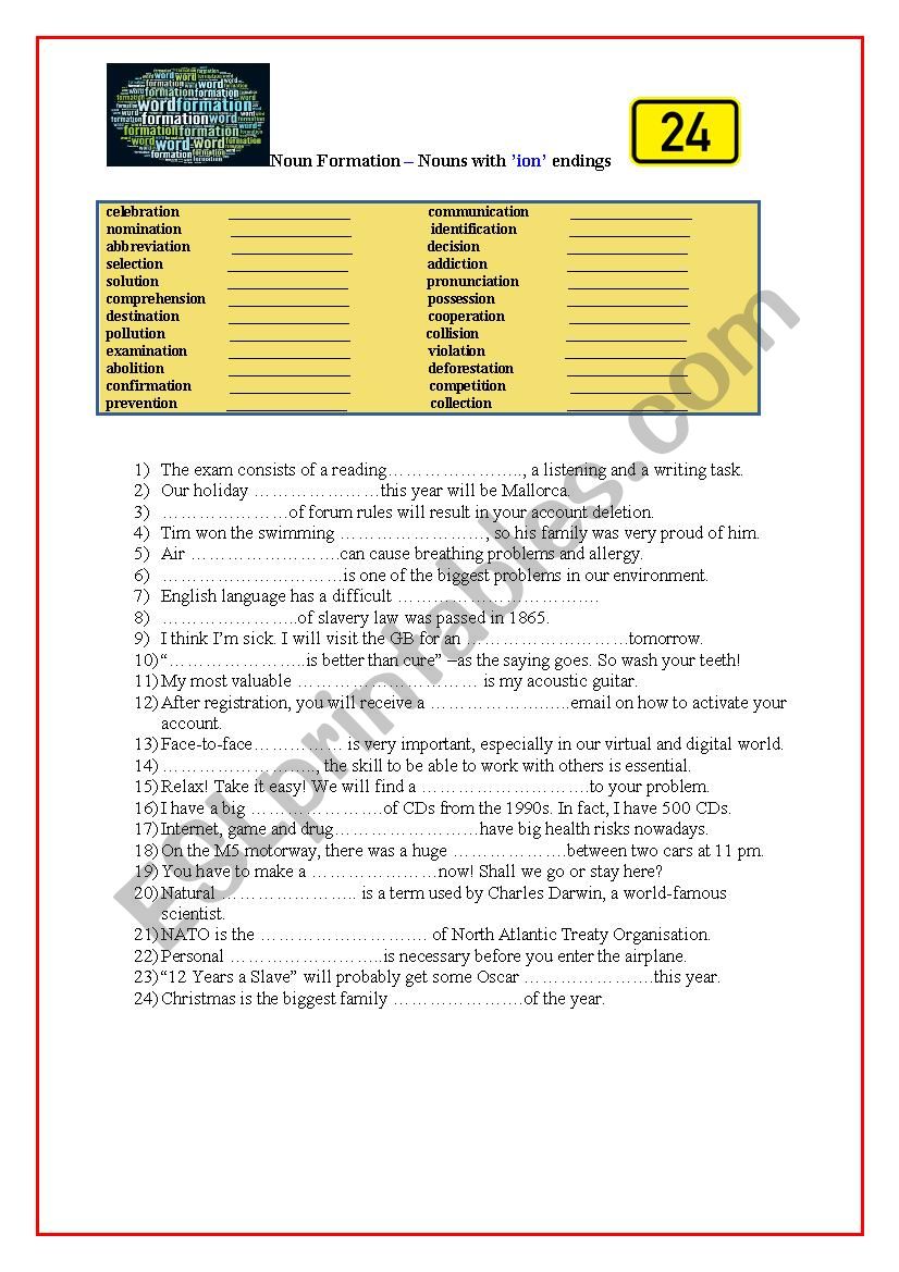 Noun Formation (´ION´-endings Vol. 1) - ESL worksheet by coldseed