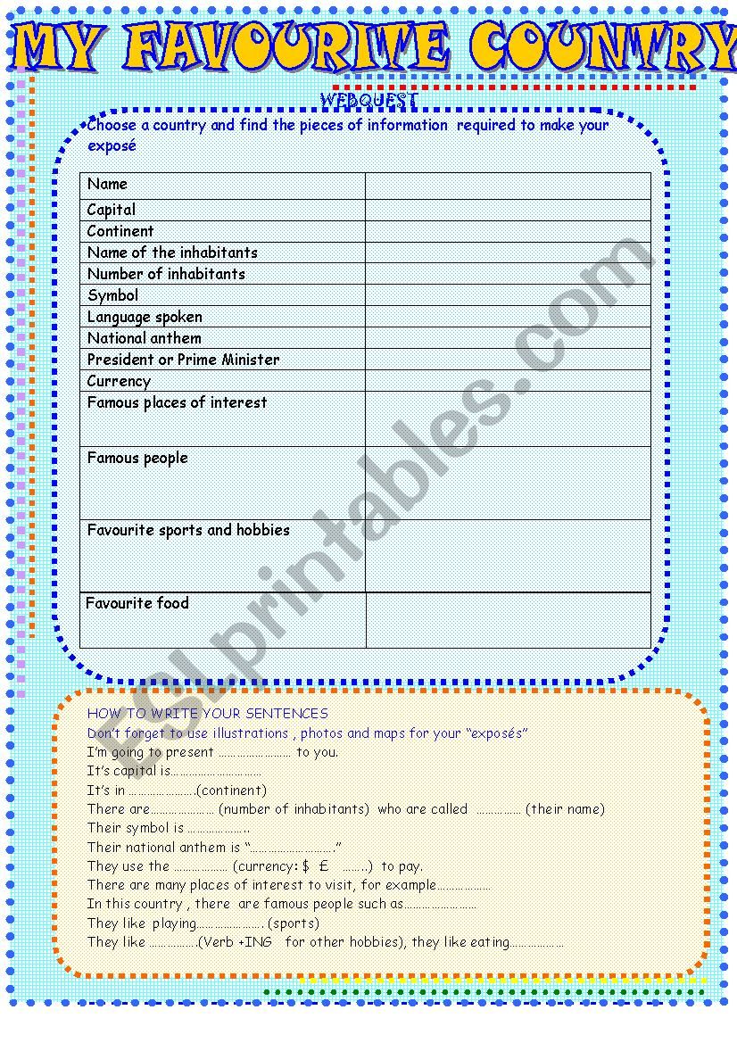 My favourite country: webquest and exposé - ESL worksheet by spied-d-aignel