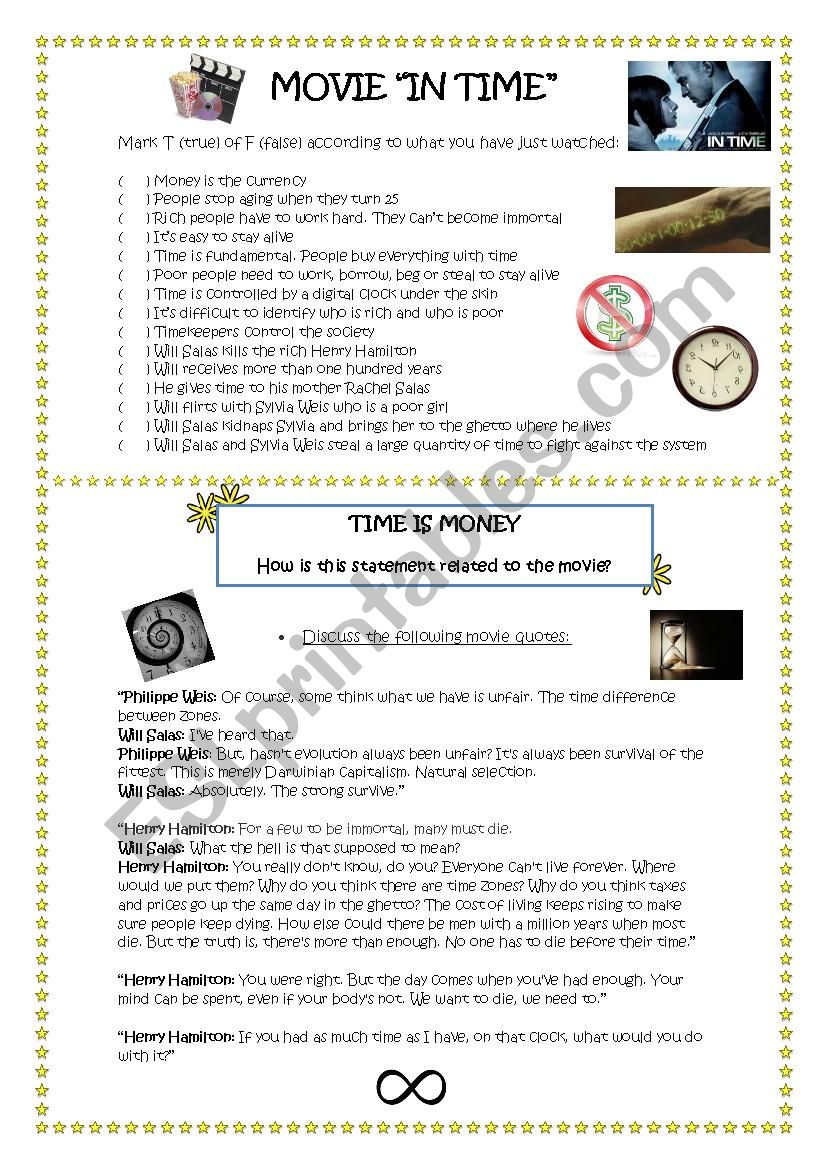 Movie In Time - O preço do Amanhã - ESL worksheet by cynthiavelten