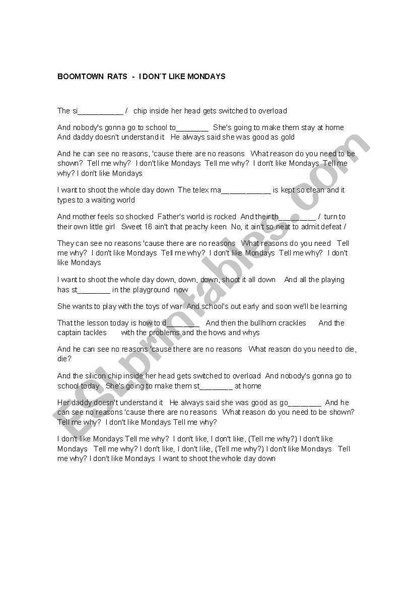 I don´t like Mondays - Boomtown rats - ESL worksheet by jorge mora