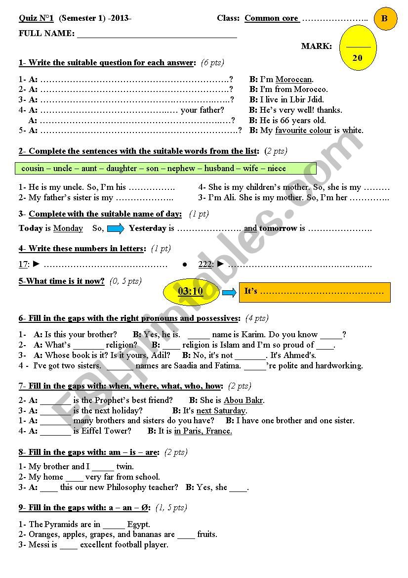 Quiz n°1 (with key) for elementary students - Semester 1 - Version -B ...