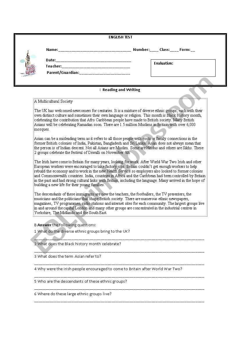 a multicultural society - ESL worksheet by Susana Leite