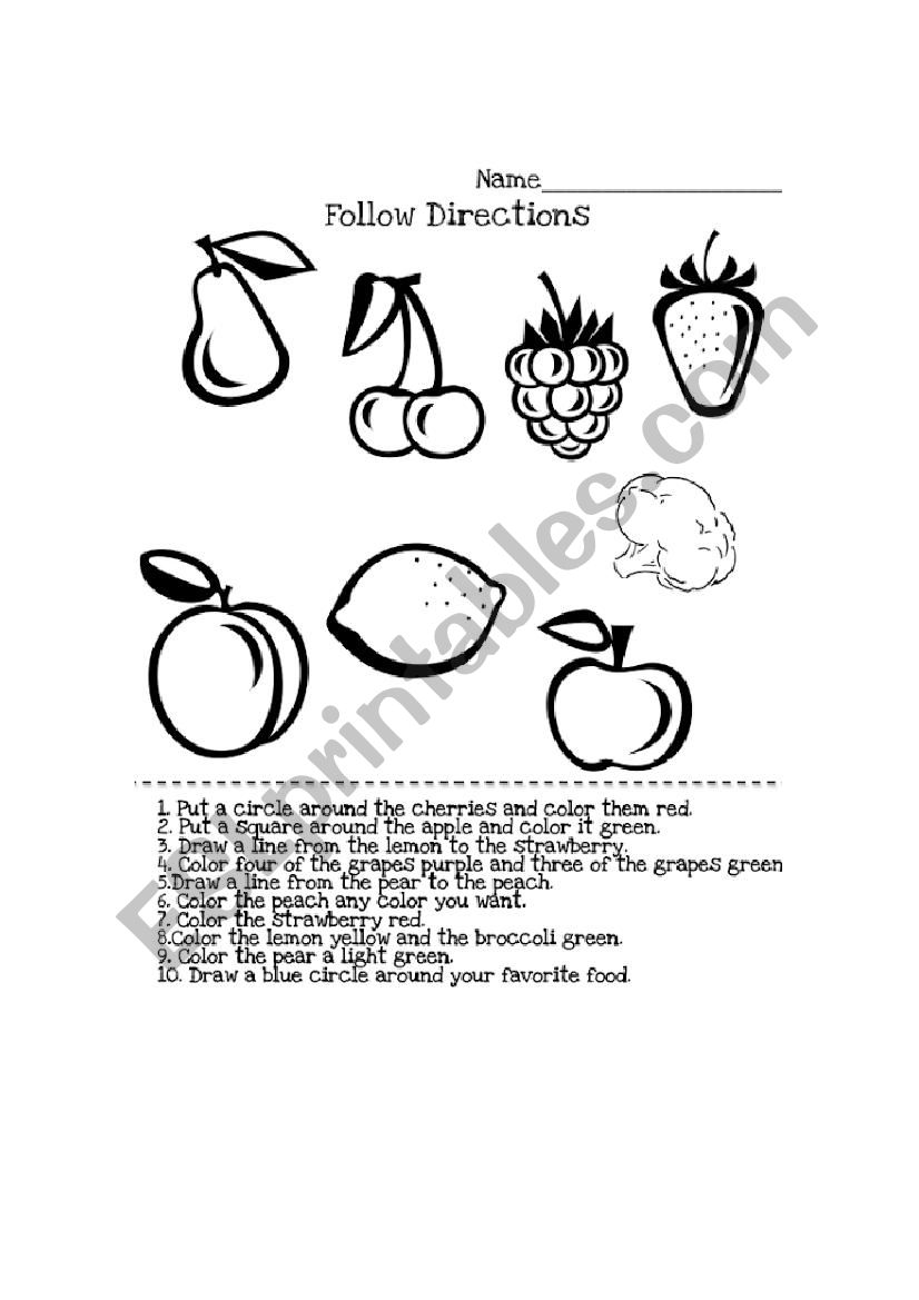 Follow directions with fruits - ESL worksheet by emzie1123