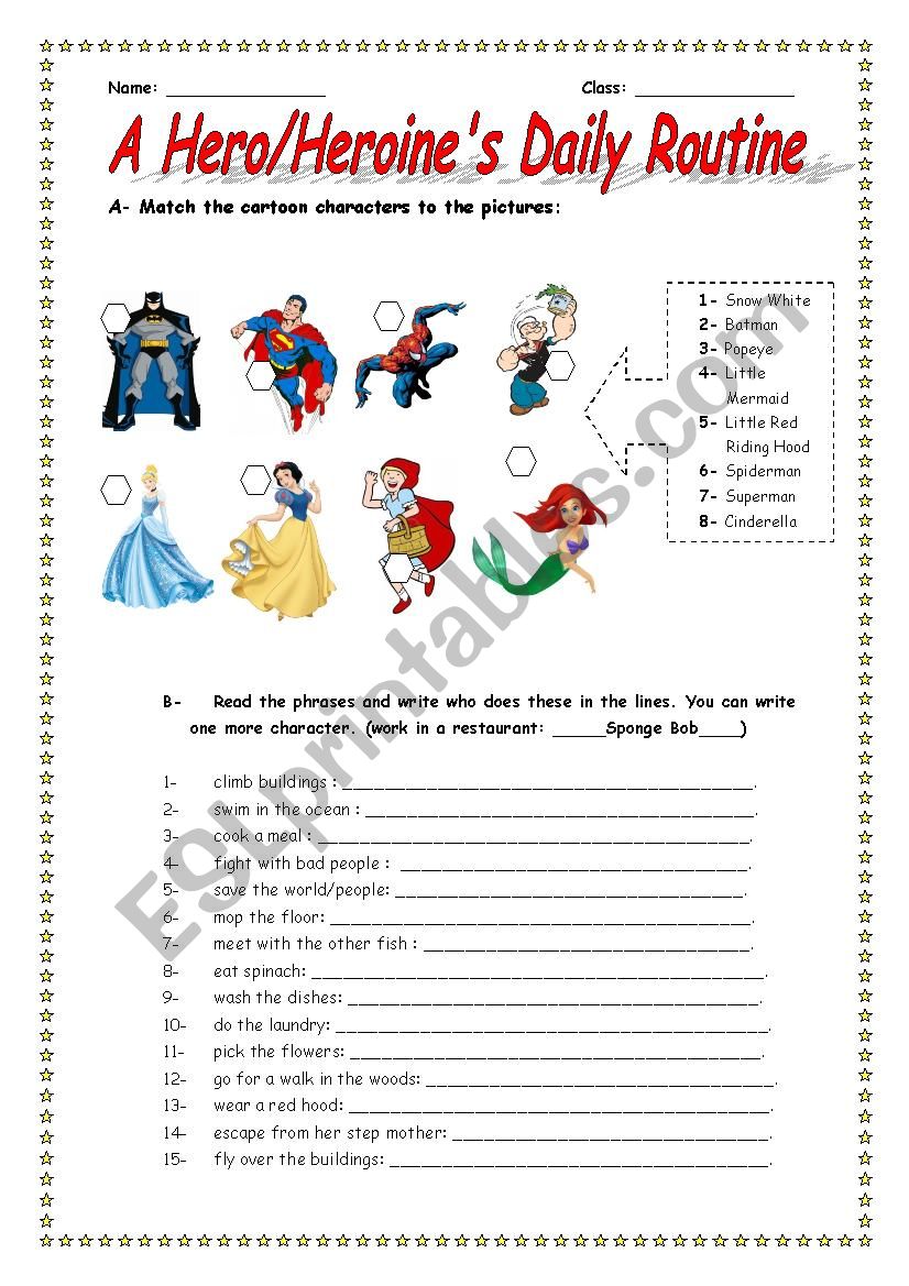 Hero & Heroine´s Daily Routine - ESL worksheet by chucky27