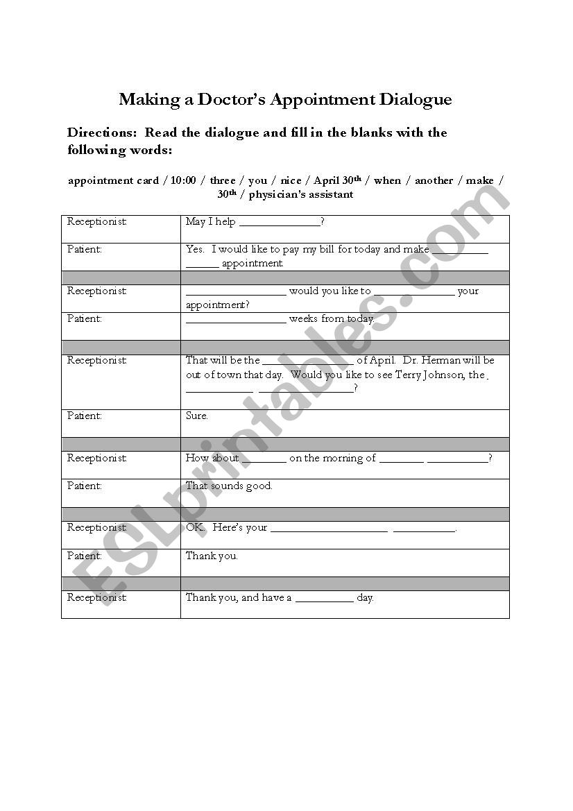 Doctor´s appointment dialogue - ESL worksheet by Dominiquealm