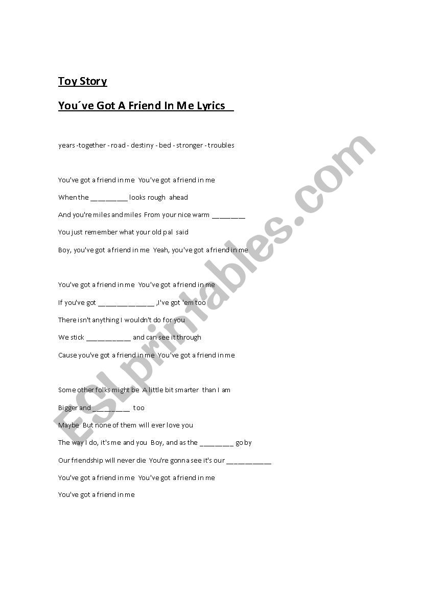 You´ve Got A Friend In Me - Toy Story - ESL worksheet by jorge mora