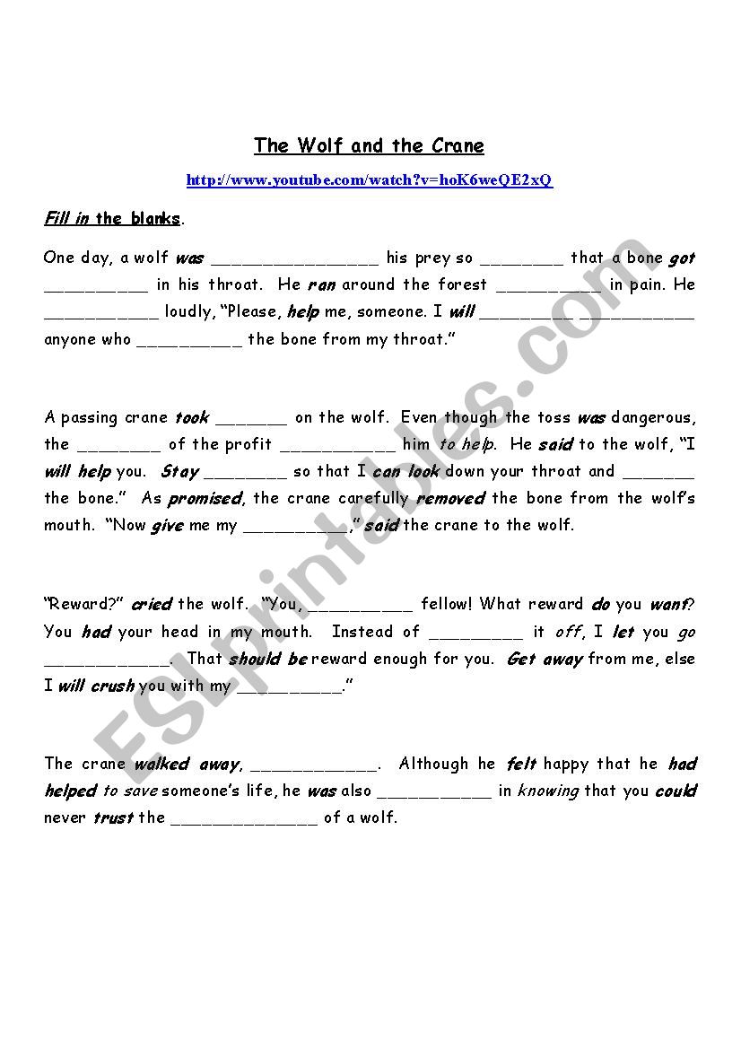 Aesop´s fable The Wolf and The Crane blankfilling videolink listening ...