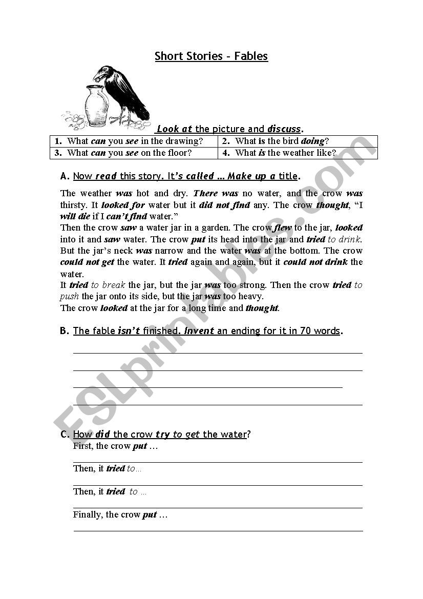 Aesop´s fable The Crow and The Jar - ESL worksheet by morenopalomares