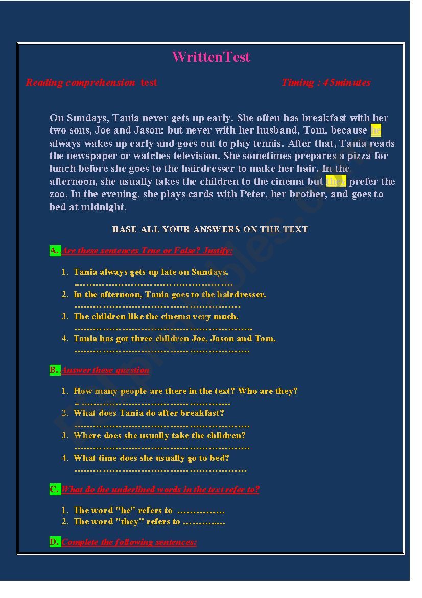 READING COMPREHENSION TEST ESL Worksheet By Holzauge
