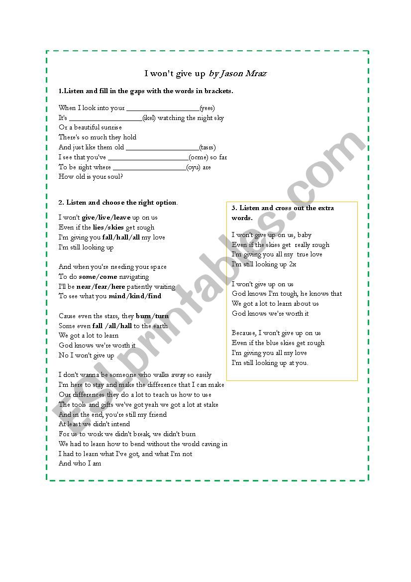 I won´t give up - ESL worksheet by Dilma Conserva