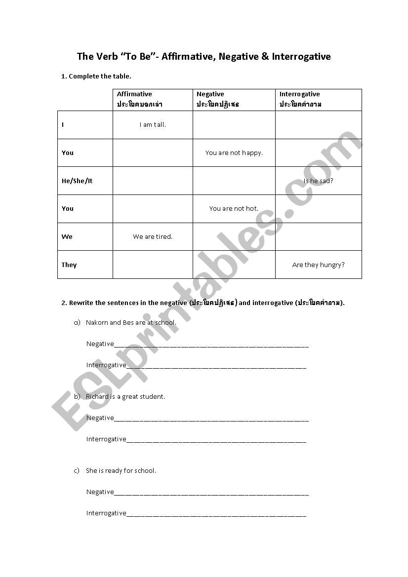 The Verb “To Be”- Affirmative, Negative & Interrogative - ESL worksheet by willmhorne