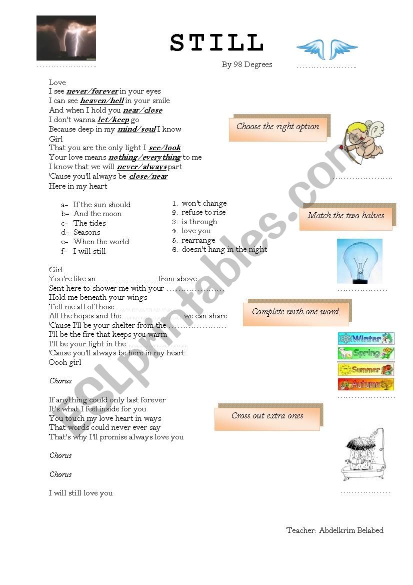 Song: Still by 98° - ESL worksheet by belabed5