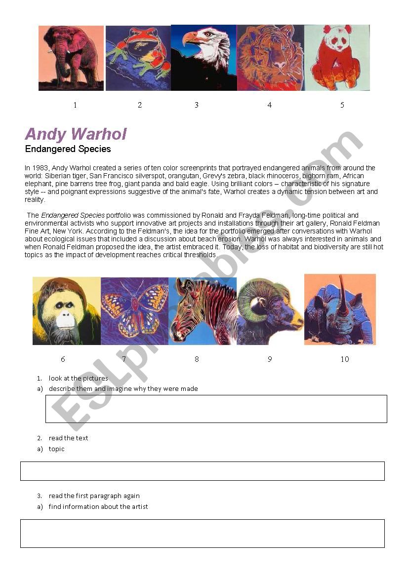 Andy Warhol´s Endangered Species - ESL worksheet by flo england