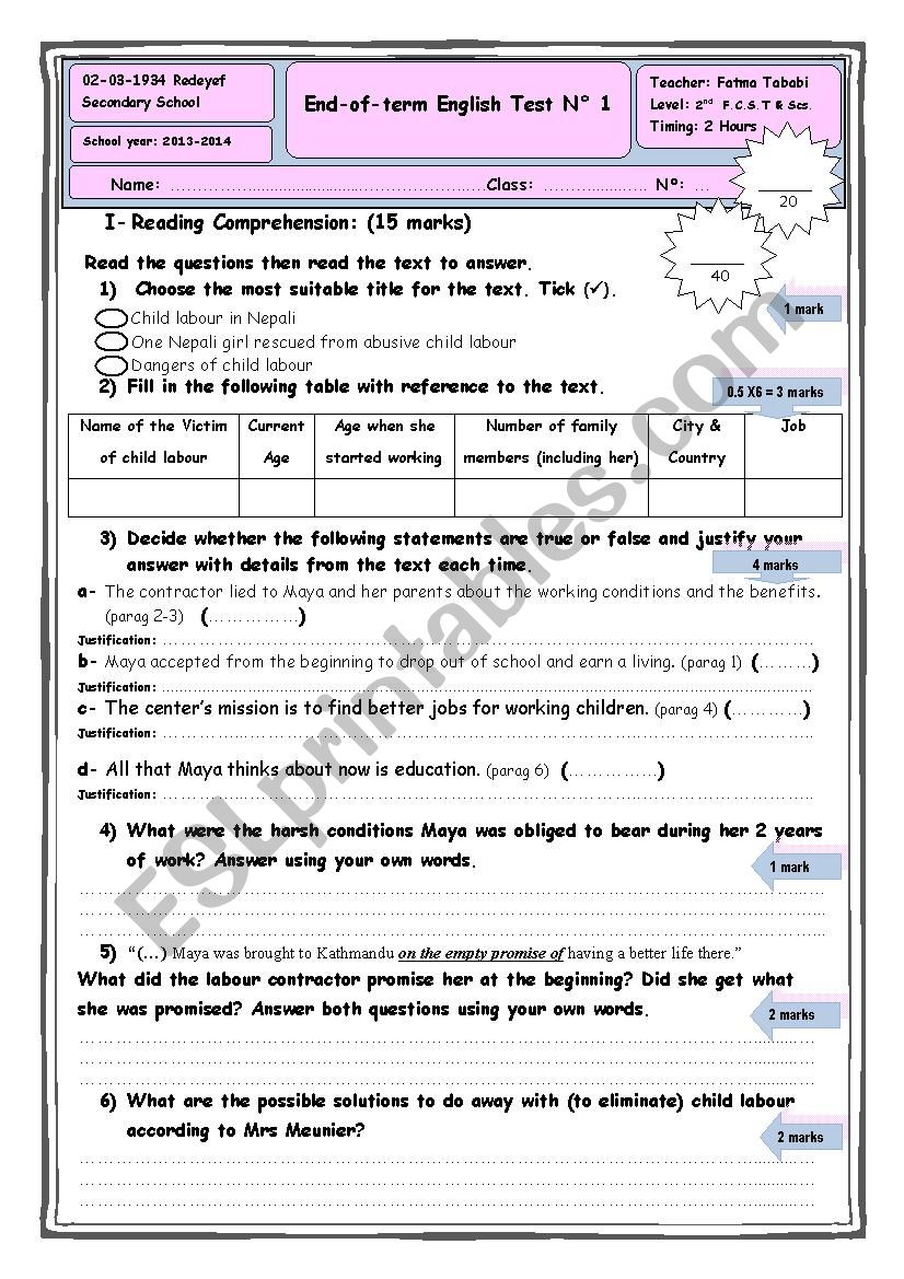 End-of-term Test N°1 2nd form - ESL worksheet by fatma tababi