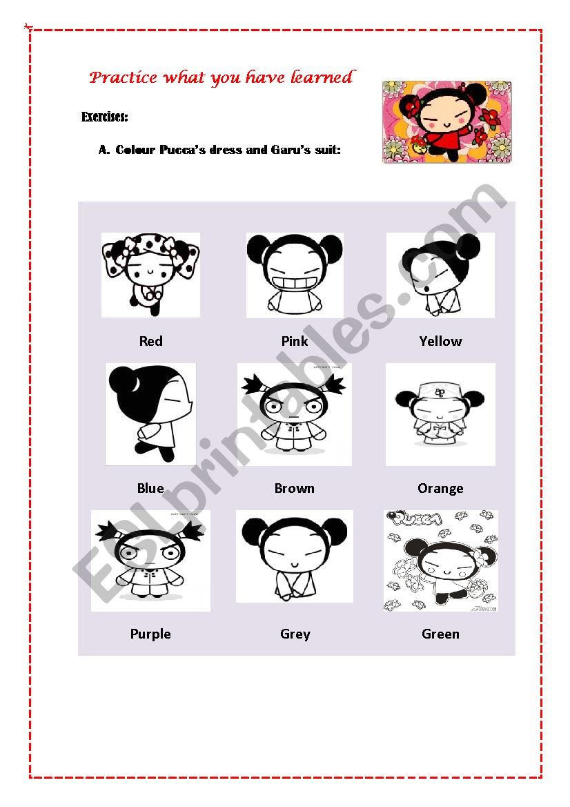 Colour Pucca and Garu´s clothes - ESL worksheet by MMCV