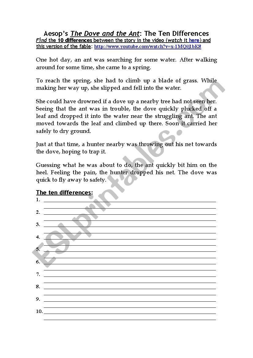 Aesop´s The Dove and The Ant: Find out 10 differences. With Key - ESL ...