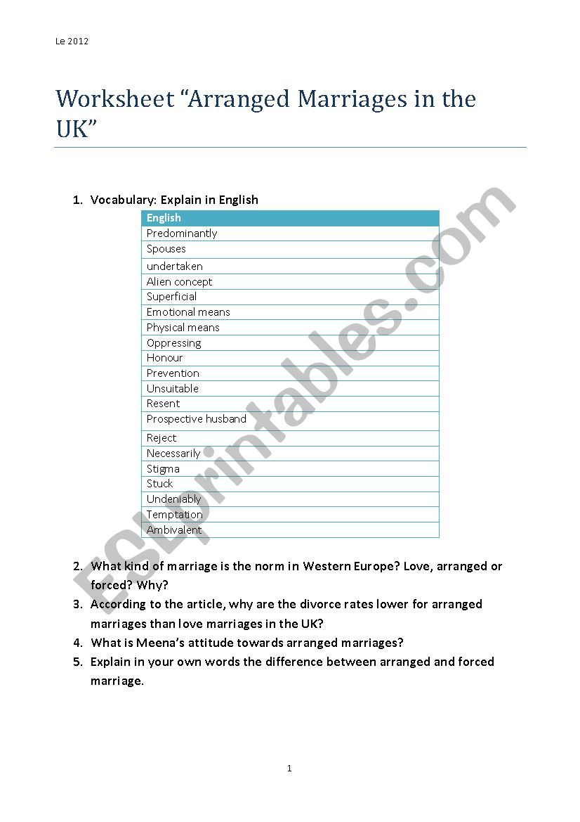 Rosie Milner´s "Arranged marriages in the UK" - worksheet - ESL ...
