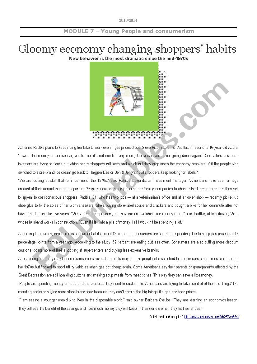 Consumerism - Gloomy economy changing shoppers´ habits - ESL worksheet ...