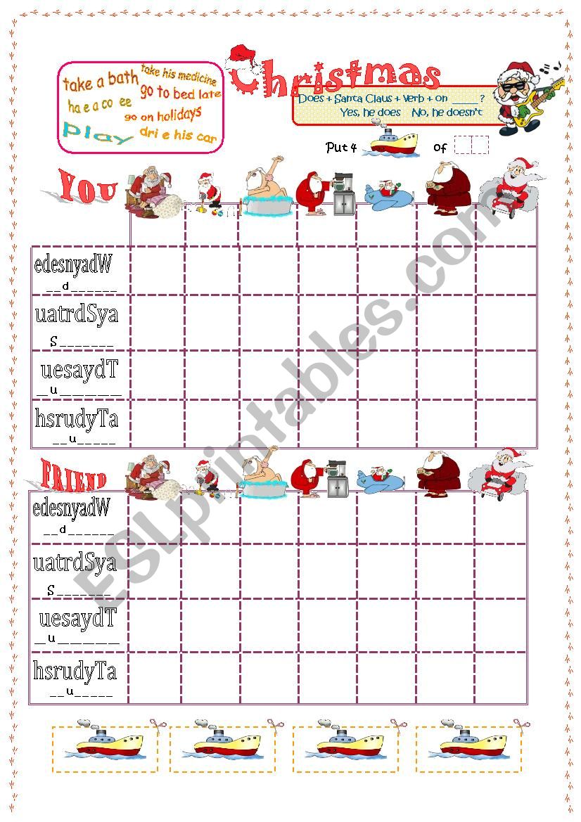 battleship Christmas SantaÂ´s routines - ESL worksheet by lili27
