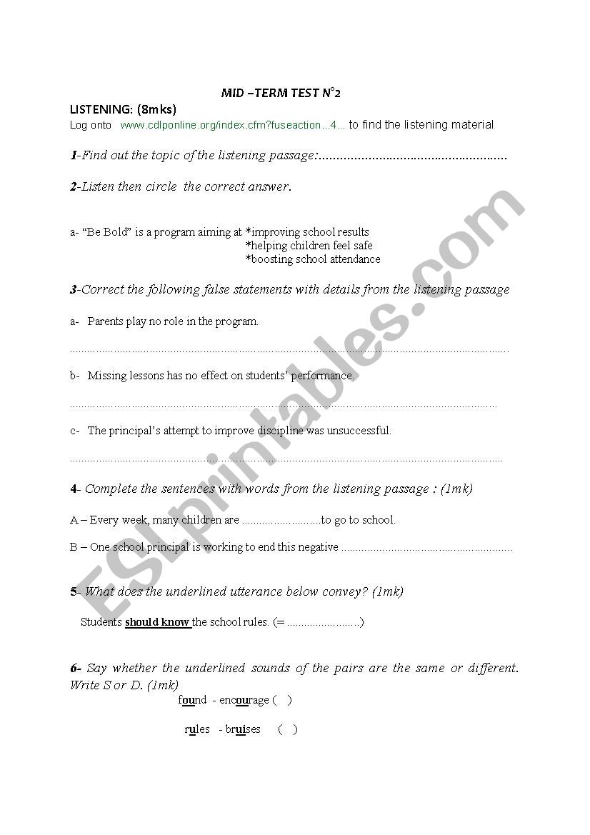 MID –TERM TEST N°2 - ESL worksheet by AICHA ABDOU