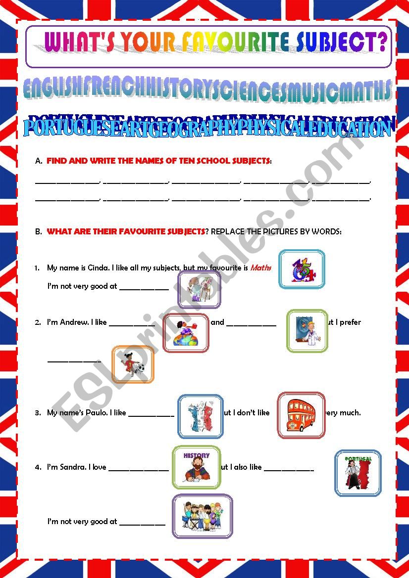 WHAT´S YOUR FAVOURITE SUBJECT? - ESL worksheet by ascincoquinas
