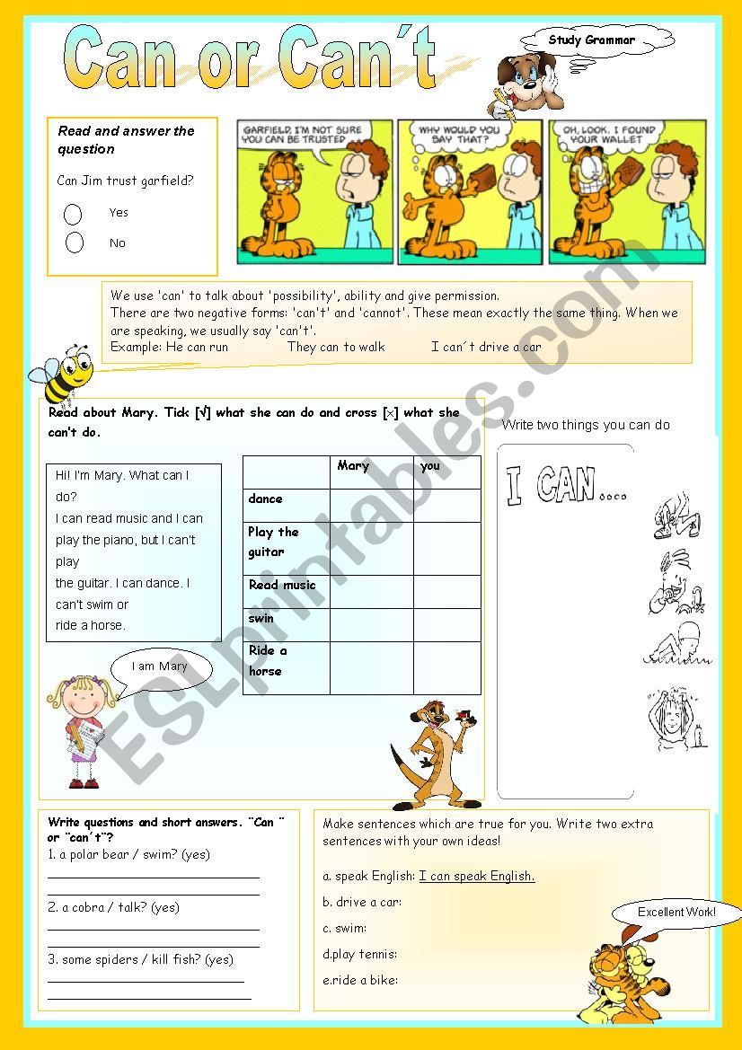 •Can or Can´t• Ws for kids - ESL worksheet by llkristianll