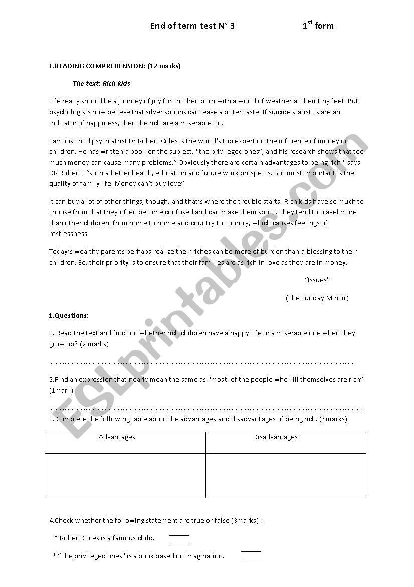 End of term test n°3 1st form (first part) - ESL worksheet by afoufa09