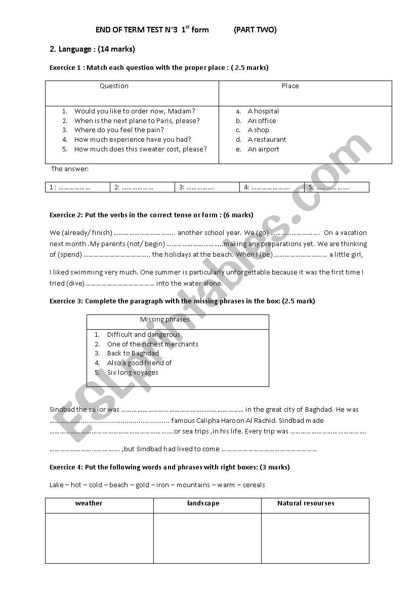 End of term test n°3 1st form (Second part) - ESL worksheet by afoufa09