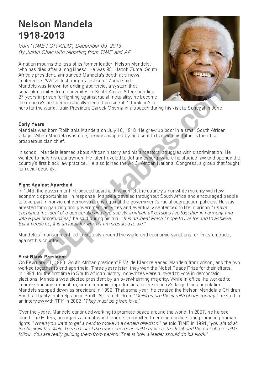 Nelson Mandela : a biography - ESL worksheet by MarionMG Nelson Mandela : a biography - ESL worksheet by MarionMG
