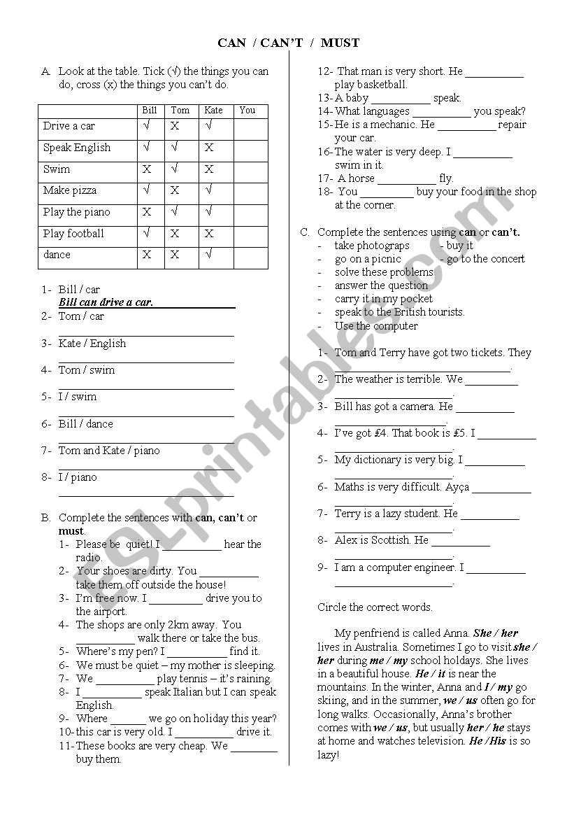 Can - Can´t - Must - ESL worksheet by agkk