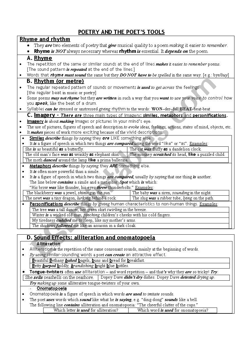 THE POET´S TOOL: POETRY AND ITS ELEMENTS - ESL worksheet by morenopalomares