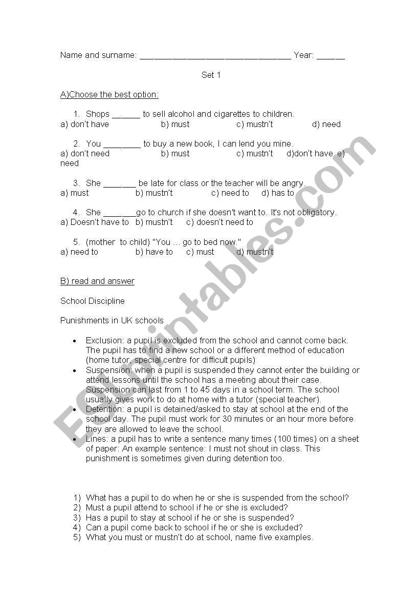 English worksheets: Must - Mustn`t