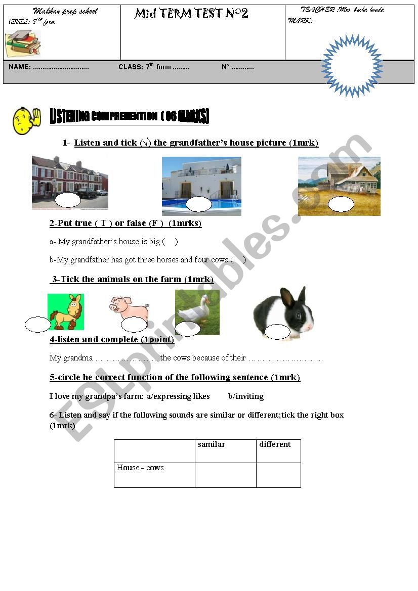 mid term test n°2 for 7th form tunisians students - ESL worksheet by ...