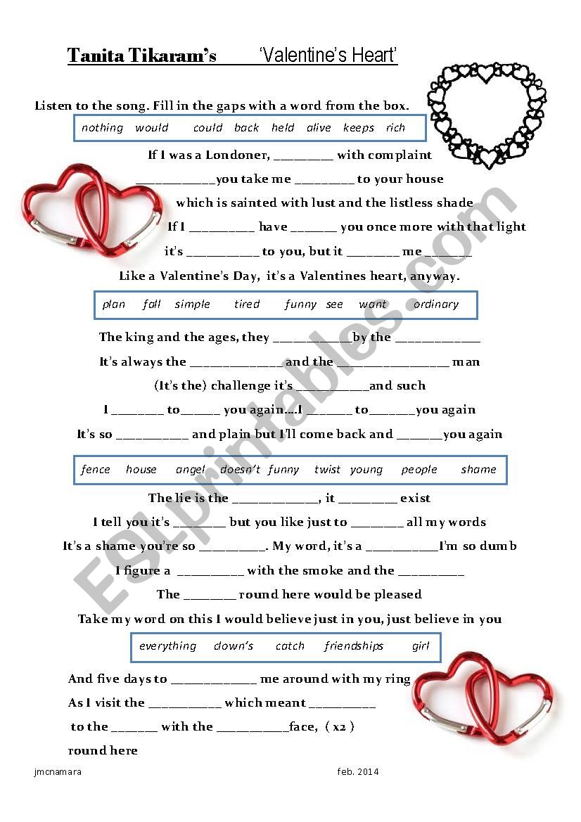 ´Valentine´s Heart´ by Tanita Tikaram - ESL worksheet by jmcthefirst ...
