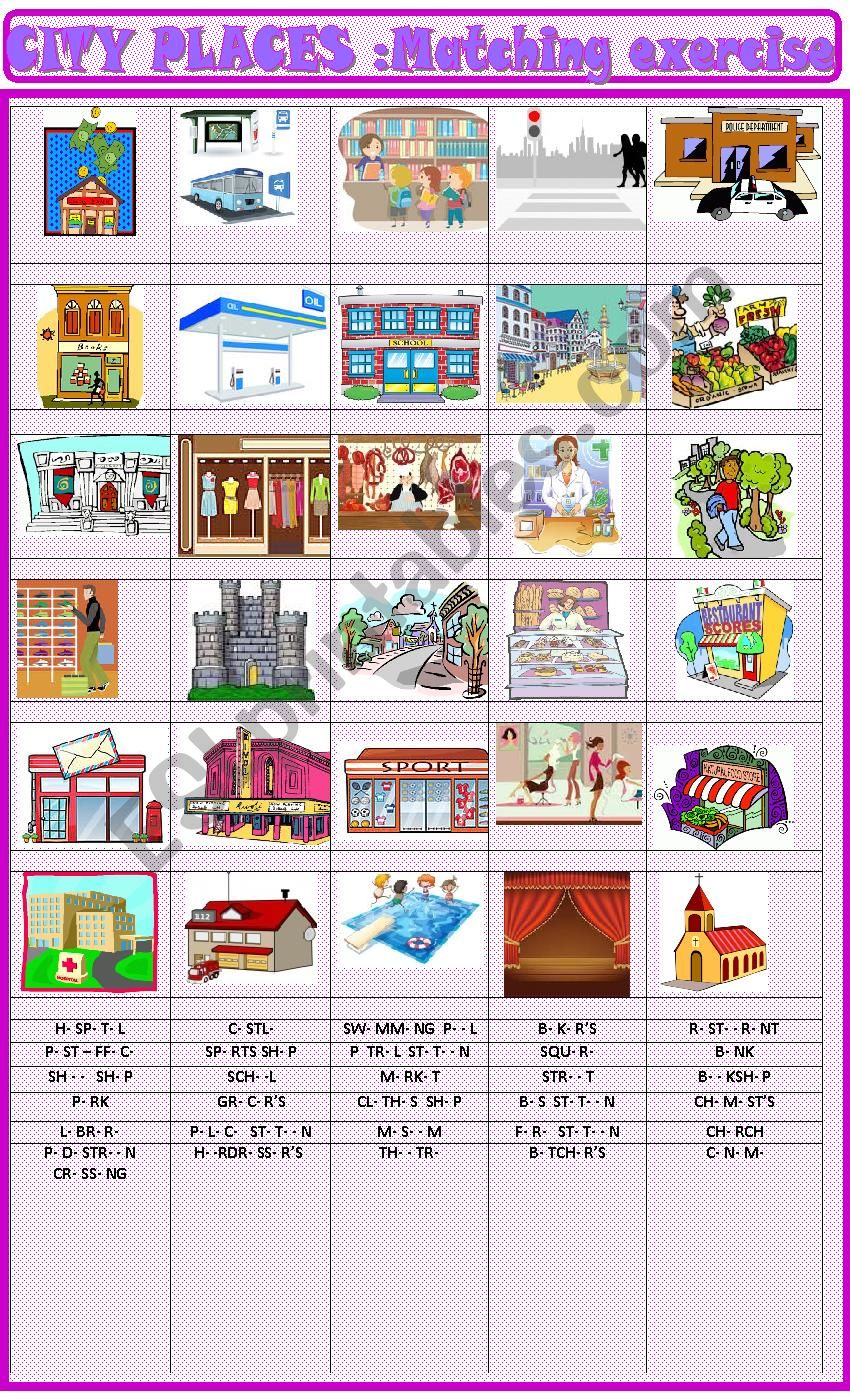 City Places Matching Exercise And Missing Vowels Esl Worksheet By