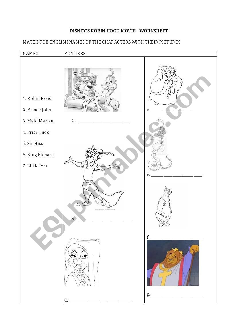 DISNEY´S ROBIN HOOD FILM PRE-WATCHING - ESL worksheet by youko1978