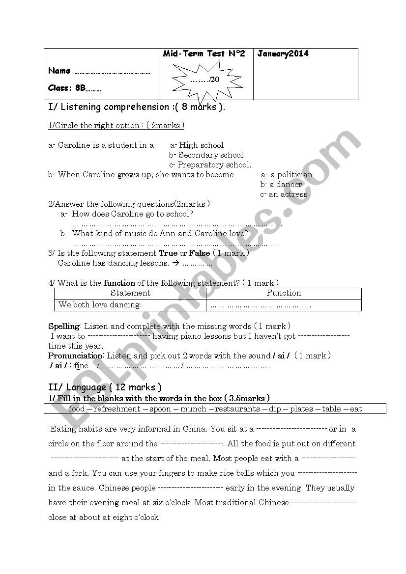 Mid-Term Test N°2 For 8th Form - ESL worksheet by iyedo