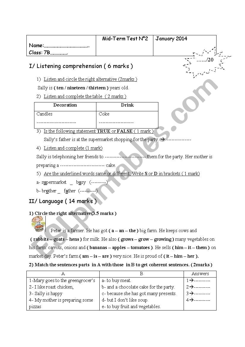 Mid-Term Test N°2 For 7th Form - ESL worksheet by iyedo