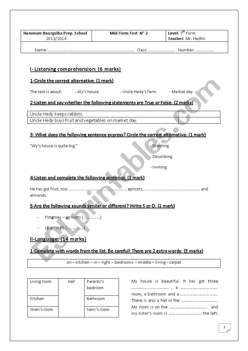 Mid-term Test N° 2 7th Form (Version 1) - ESL worksheet by tunlish
