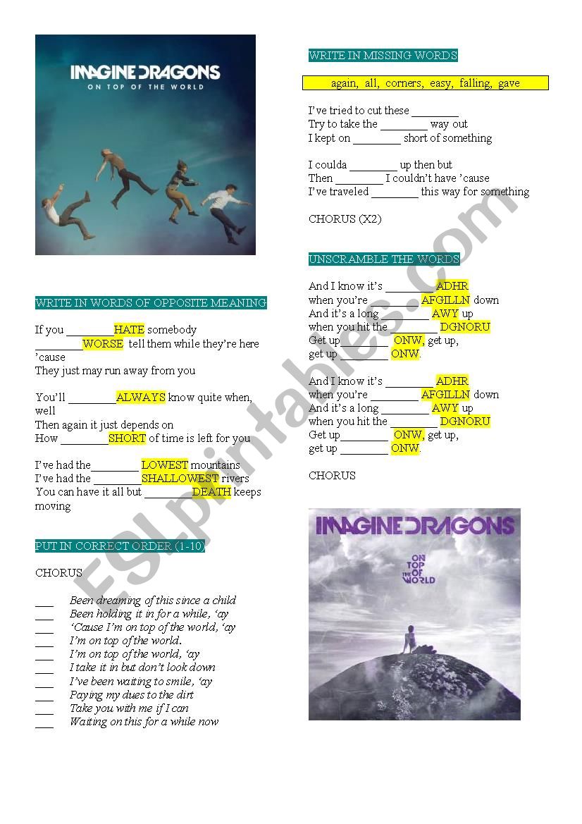 IMAGINE DRAGONS ´ON TOP OF THE WORLD´ - ESL worksheet by pawag