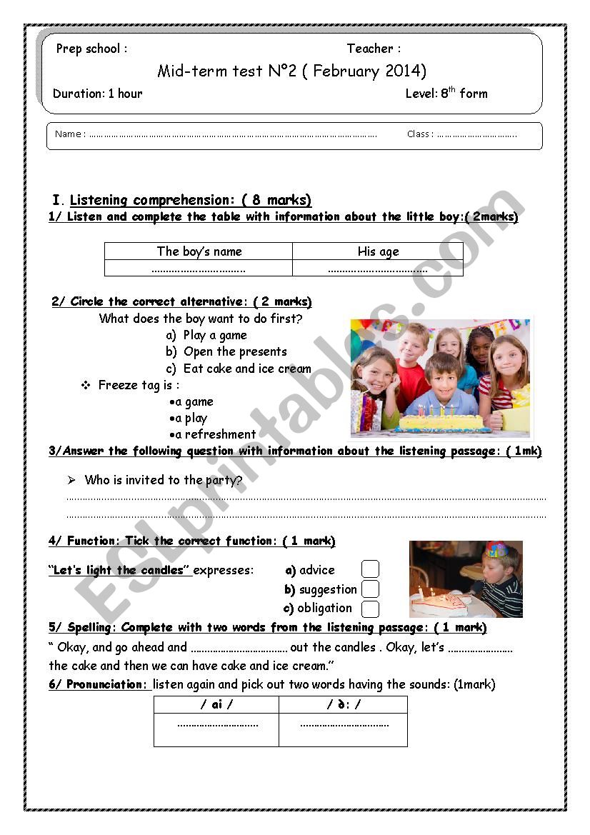 Listening comprehension about a birthday party ( 8th form midterm test ...