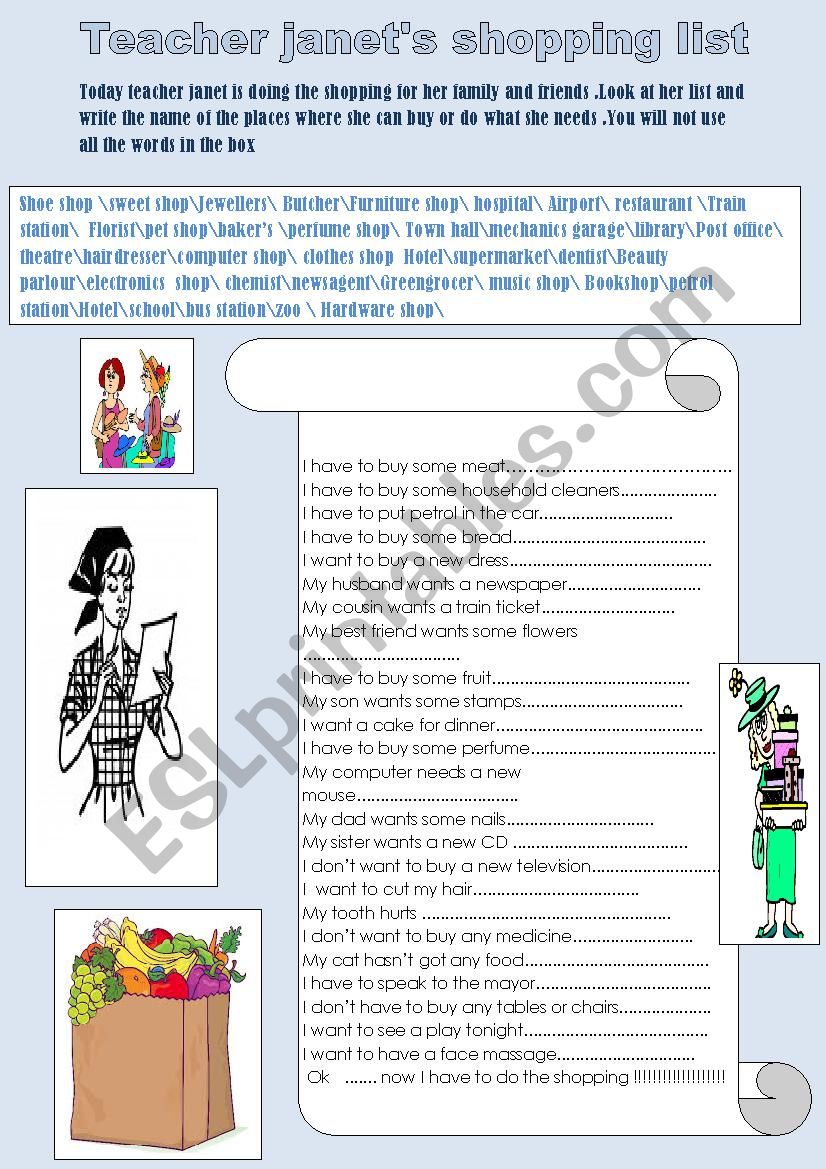 Teacher janet´s shopping list - ESL worksheet by primpi