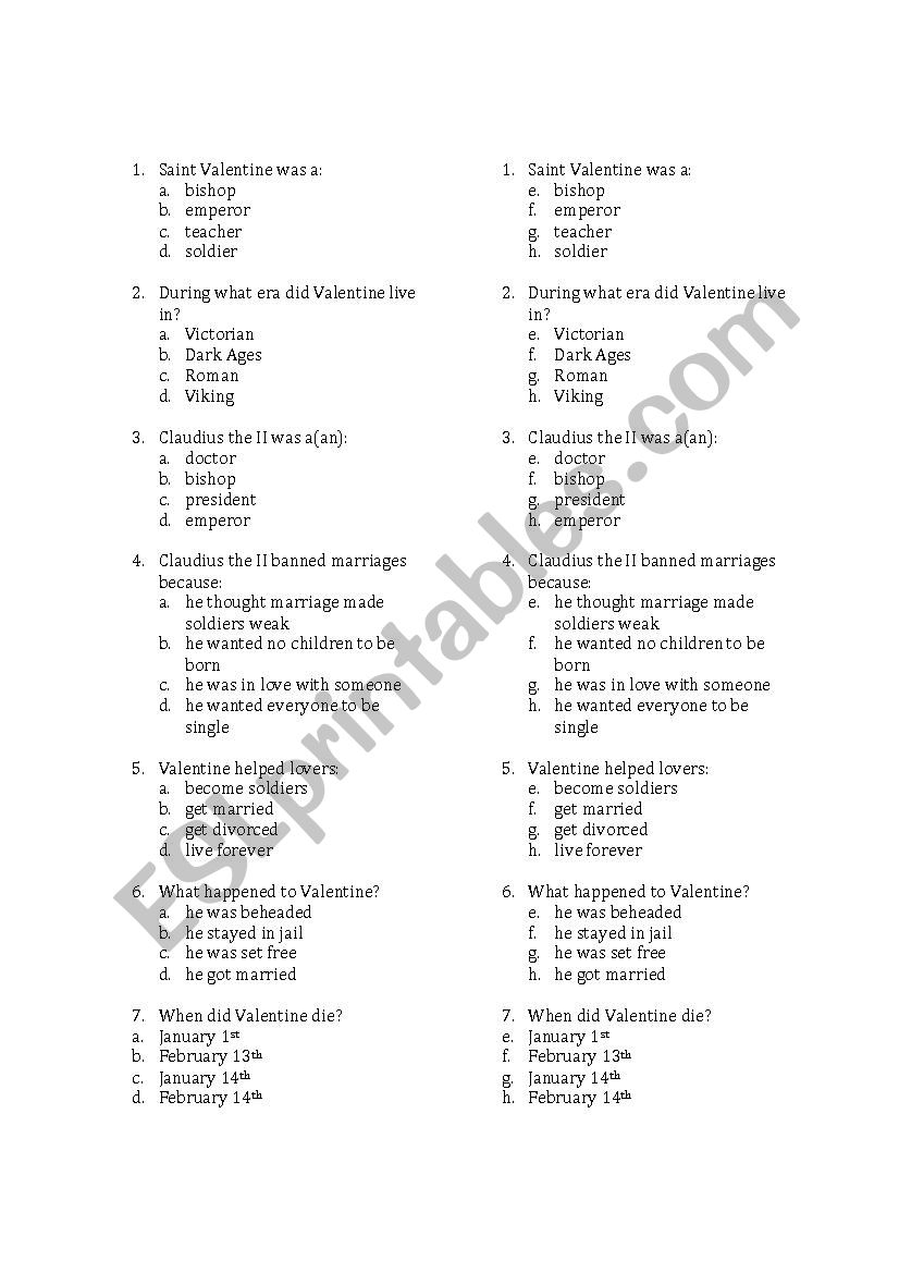 Valentine´s Day History (Listening) - ESL worksheet by moraleslizbeth