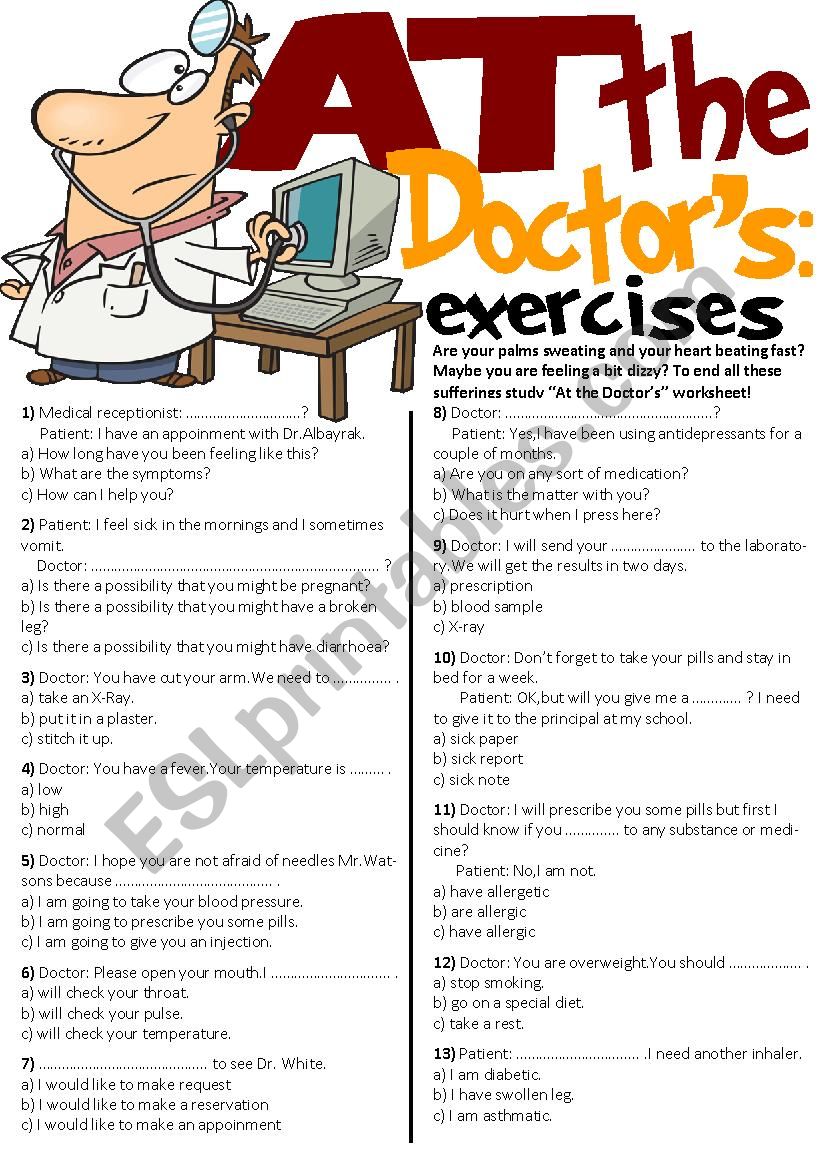 At The Doctor´s Exercises(multiple choice+writing) - ESL worksheet by ...