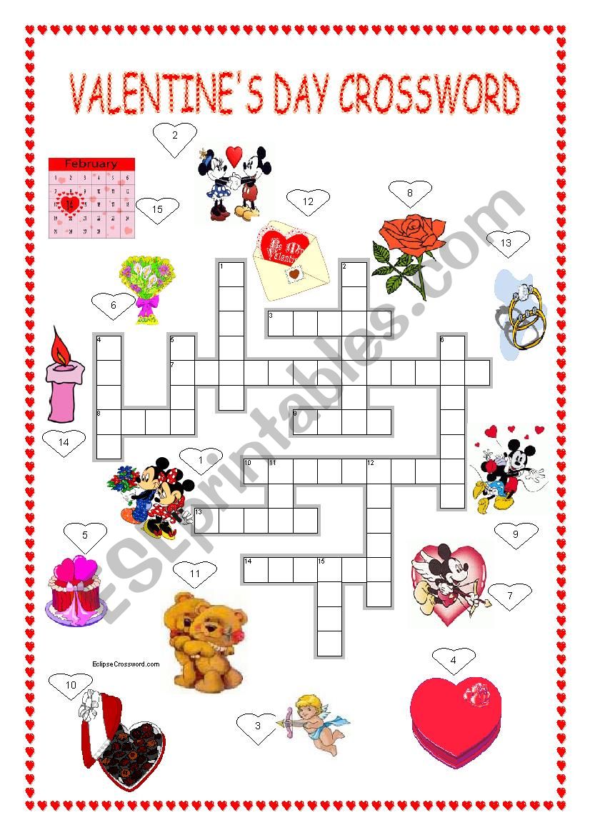 Valentine´s day crossword + key - ESL worksheet by szabone.m.eva