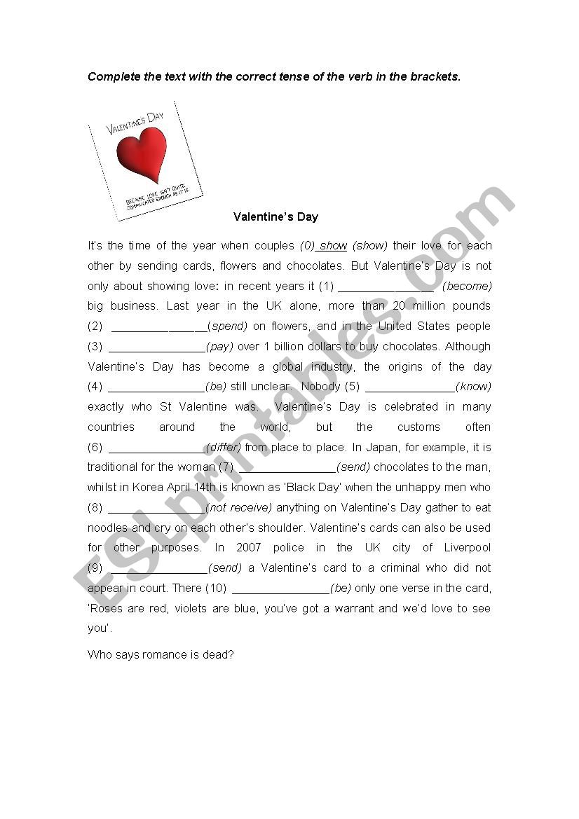 Valentine´s Day - Tense Revision - ESL worksheet by roseferreira
