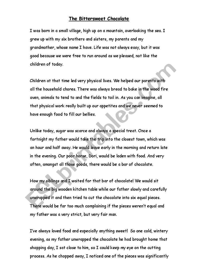 A narrative - ´The Bittersweet Chocolate´ (6 page worksheet) - ESL ...