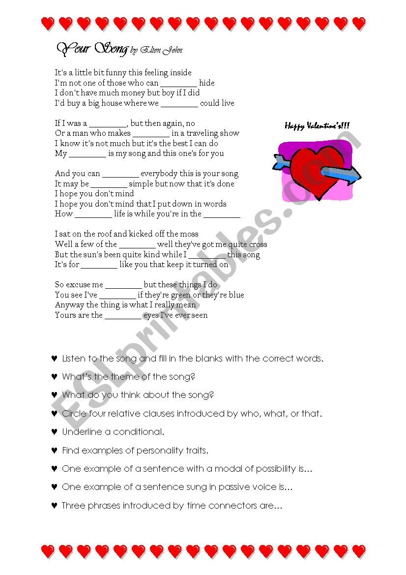 Elton John S Your Song Esl Worksheet By Rockincr