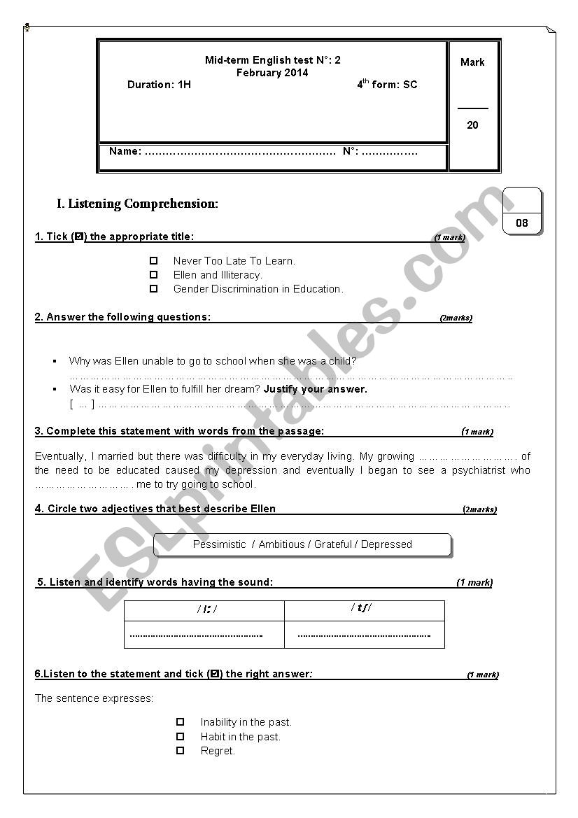 Mid-Term Test N°2 For Bac Students - ESL worksheet by youda