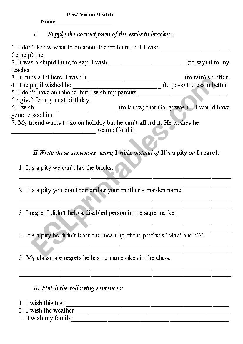 Test on ´I wish´ - ESL worksheet by kissssy